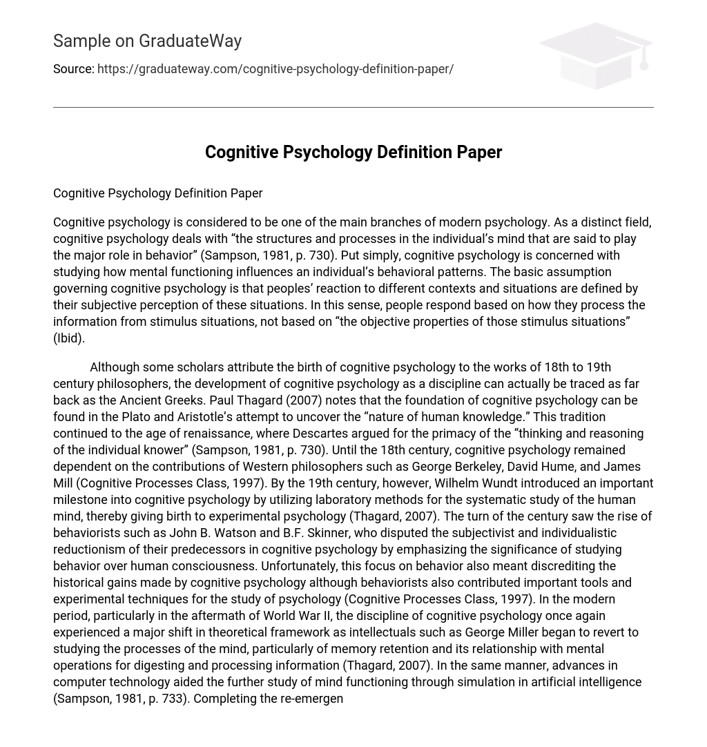  Cognitive Psychology Definition Paper Essay Example GraduateWay