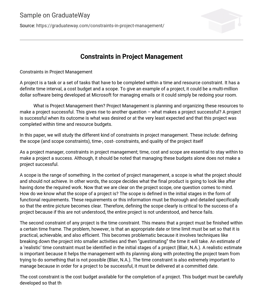  Constraints In Project Management Essay Example GraduateWay