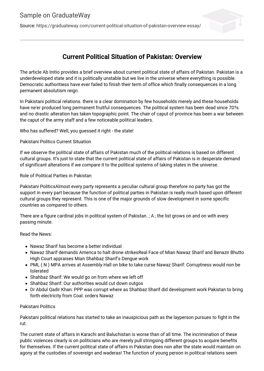 Current Political Situation Of Pakistan Overview Free Essay Example
