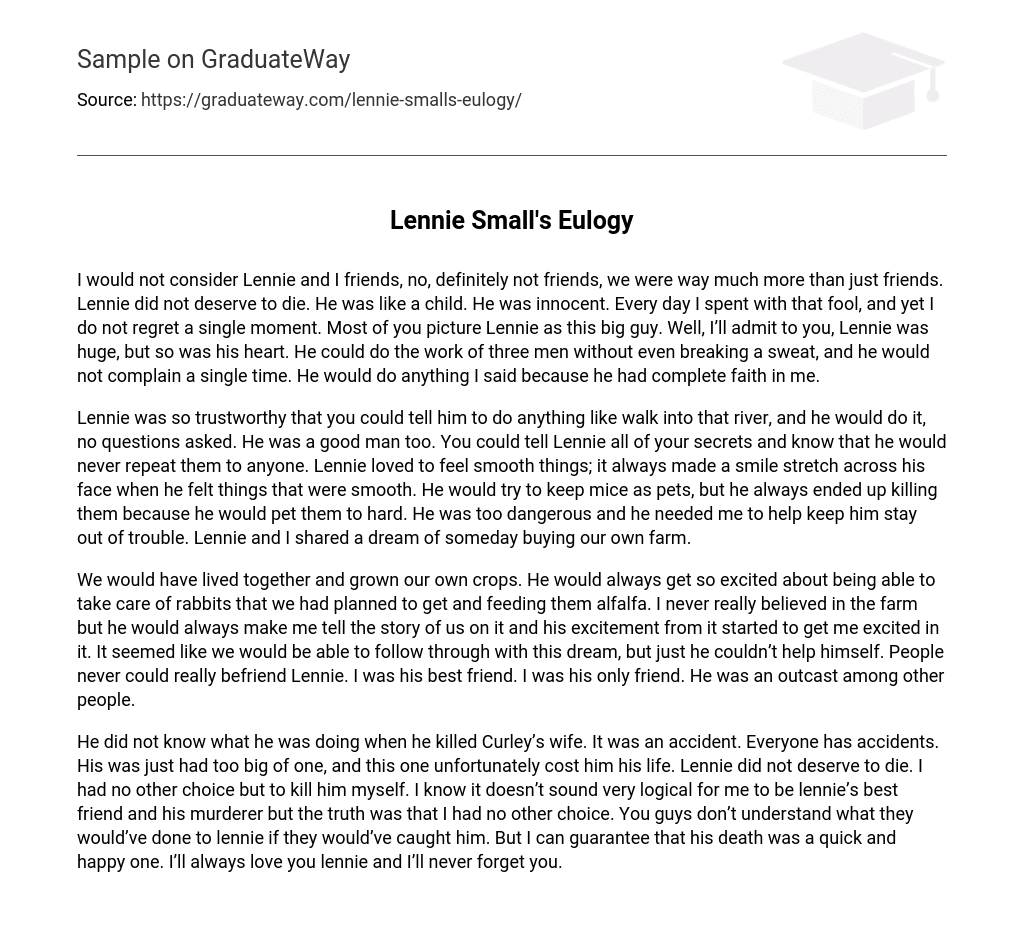 Lennie Small s Eulogy 462 Words Free Essay Example On GraduateWay