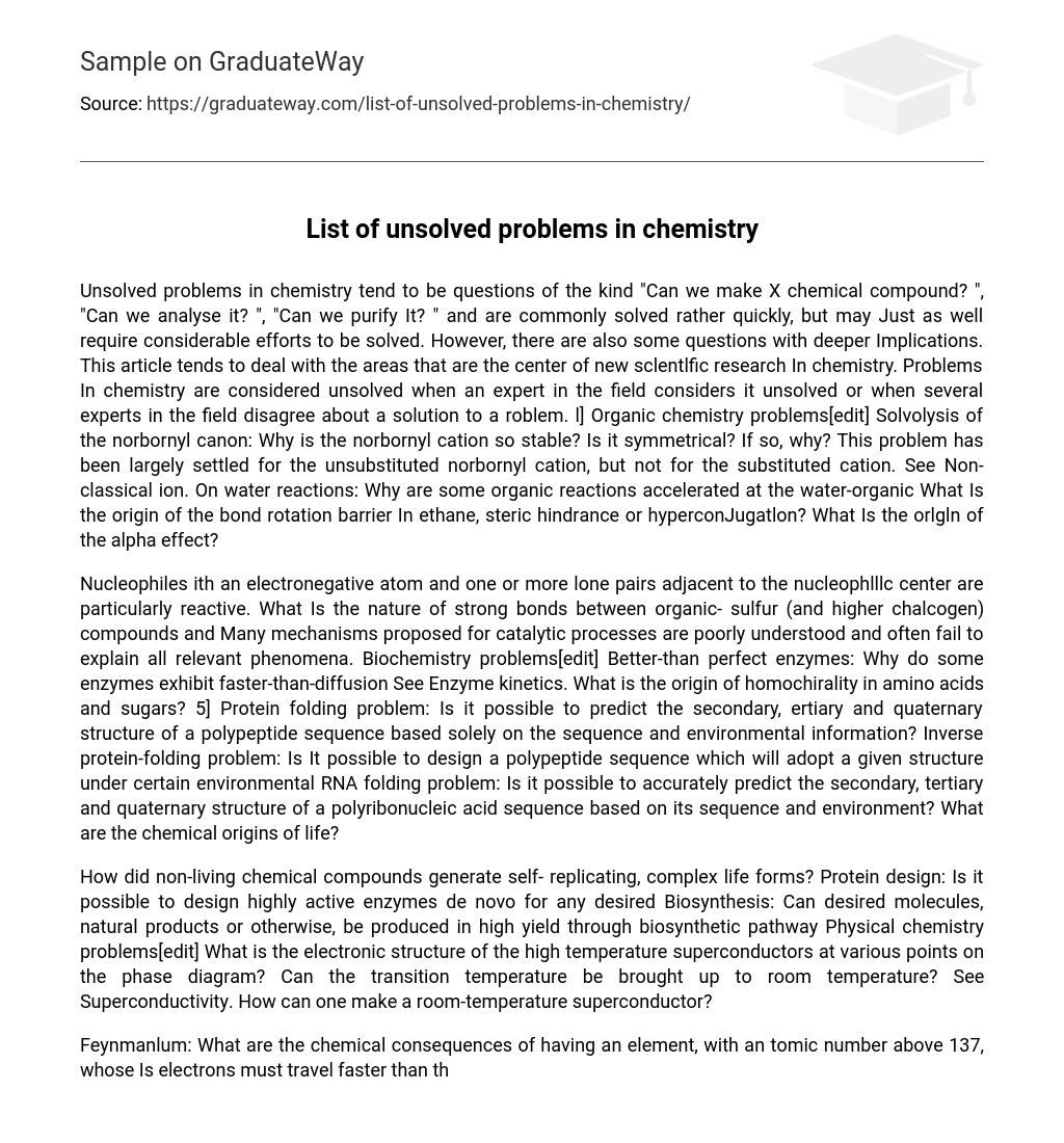  List Of Unsolved Problems In Chemistry Essay Example GraduateWay