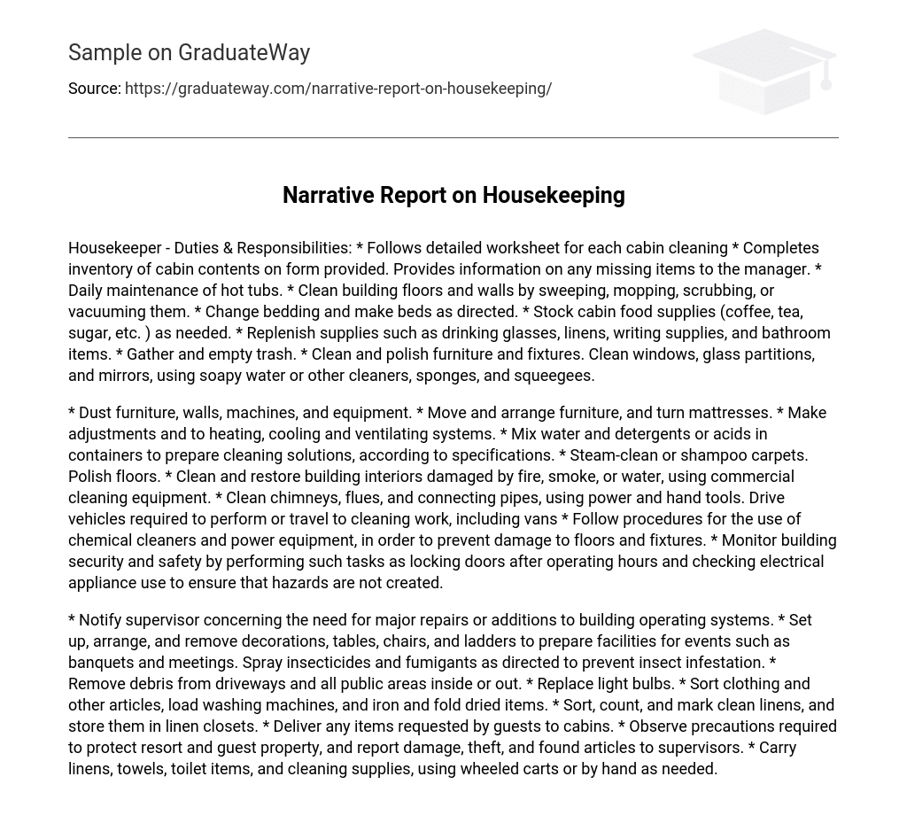 Narrative Report On Housekeeping Free Essay Example 353 Words GraduateWay