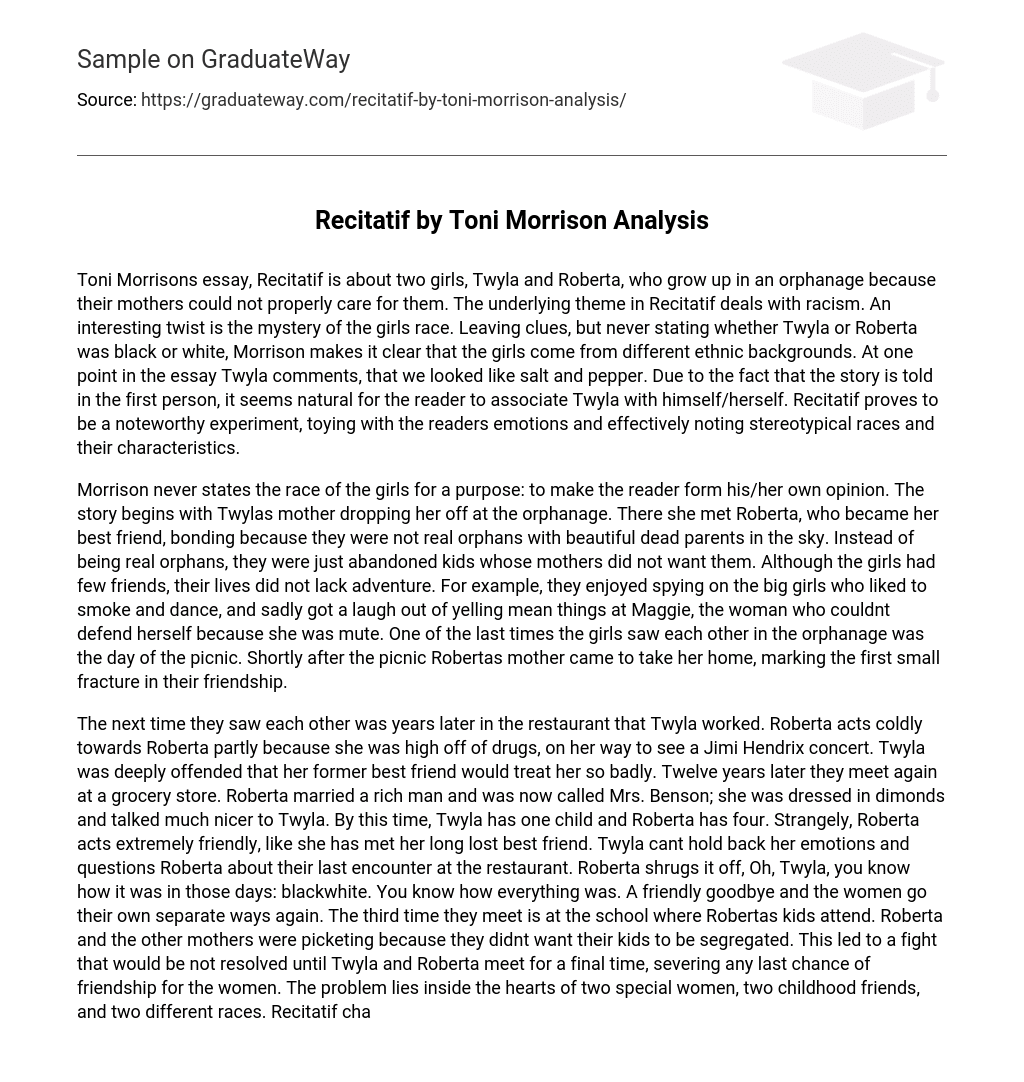  Recitatif By Toni Morrison Analysis Essay Example GraduateWay