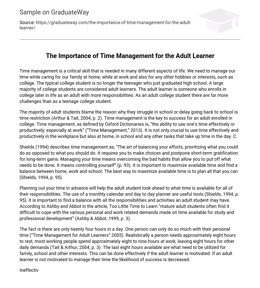  The Importance Of Time Management For The Adult Learner Essay Example