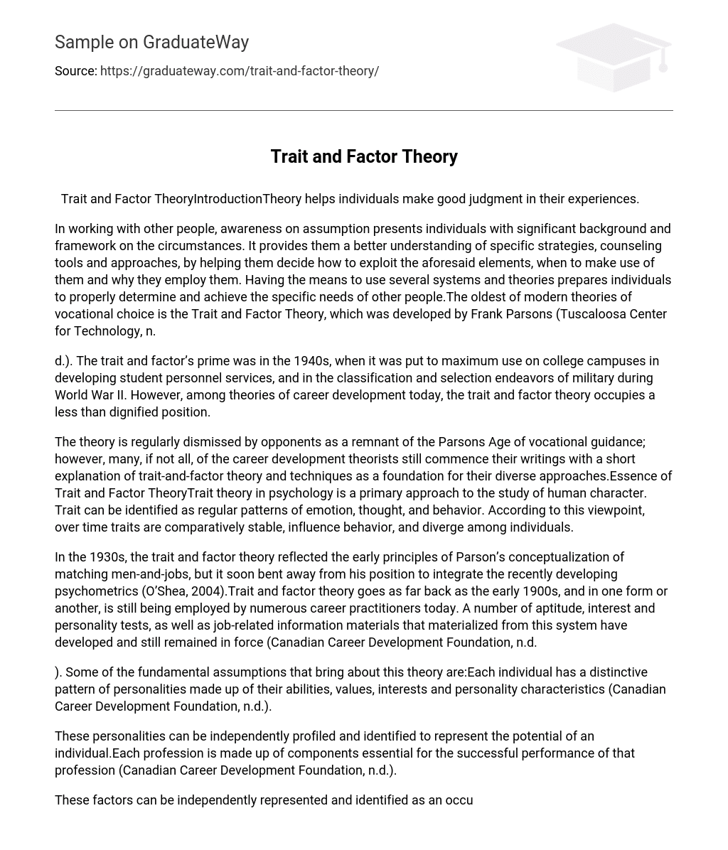  Trait And Factor Theory Essay Example GraduateWay