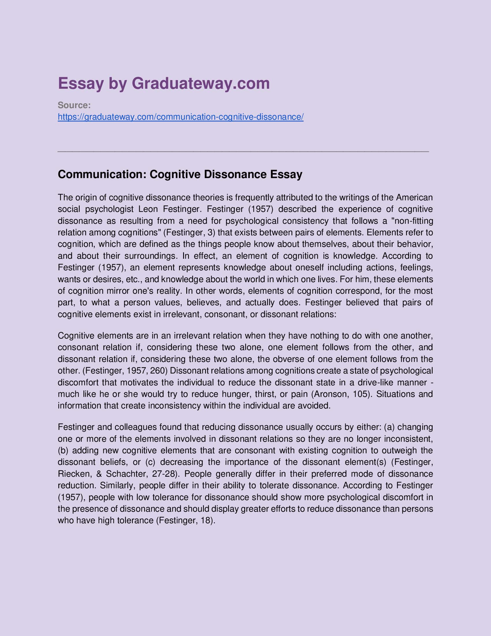 Communication: cognitive dissonance Essay Example | Graduateway
